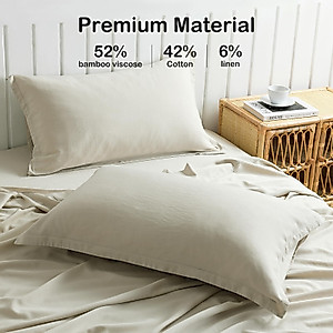 PANDATEX Beige Linen-Textured Bed Sheets Set, Bamboo Rayon, Cotton, Linen Blend Bed Sheets Queen Size, Soft Cool & Breathable for Hot Sleepers,Durable Natural Organic Bed 15'' Deep Pocket - 4 Piece