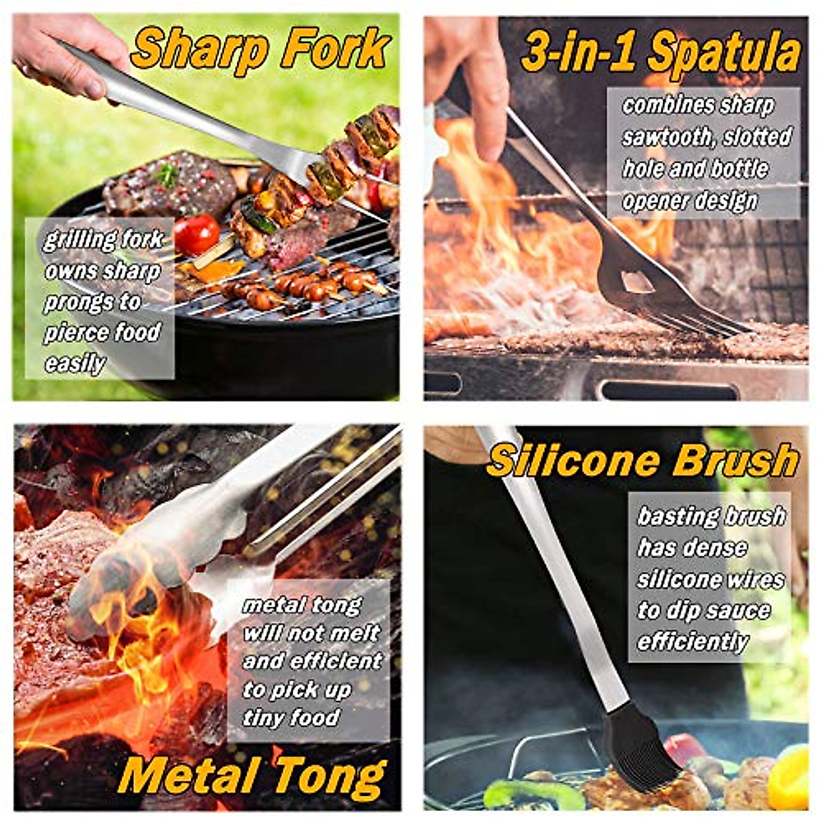 Leonyo Grill Tools Set of 6, 18-inch Extra-long BBQ Tool Set, Heavy-duty Barbecue Grilling Accessories, Stainless Steel Spatula, Fork, Tong, Basting Brush, Cleaning Brush & Carrying Bag - Black Handle