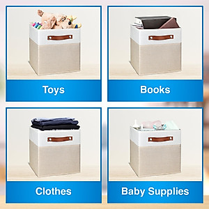 Pomatree 11 Inch Cube Storage Bin - 6 Pack - Linen Fabric Cubby Storage Bins for Bedroom, Living Room, Clothes and Toys, Shelves and Closet Organizer; Foldable, Dual Leather Handles (White & Beige)