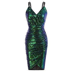 GRACE KARIN Party Dress for Women V-Neck Ruched Sequin Sparkly Glitter Dress Dark Green L