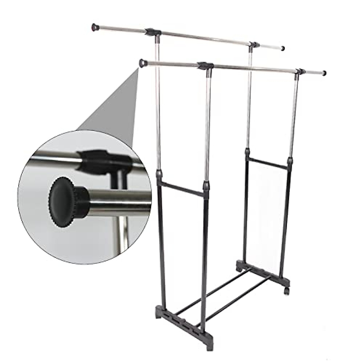 Ymlpre Standard Clothing Garment Rack Double Rail Rolling Clothes Rack with 4 Wheels and Bottom Shelves Hanging Clothes Organizer Stand Rack, Height Adjustable, Dual Black-Silver