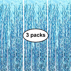 Wavy Tinsel Foil Fringe Curtain Photo Booth Props for Mermaid Birthday Under The Sea Party Decorations (3 Pack 3.2 ft X 6.6 ft Teal Blue)