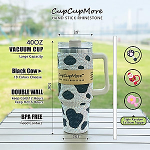 Cupcupmore 40oz Black Cow Bling Rhinestone Stainless Steel Sippy Tumbler Glitter Vacuum Insulated Water Bottle with Straw & Lid & Handle,Thermos for Hot & Cold Drinks,Car Cup Holder,Coffee