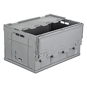 Mount-It! Collapsible Plastic Storage Crate, Folding and Stackable Utility Distribution Container with Attached Lid, 65L Liter Capacity, Pack of 1