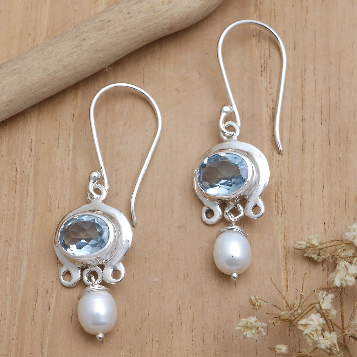 NOVICA Artisan Handcrafted Cultured Freshwater Pearl Blue Topaz Dangle Earrings | Pearl Silver Sterling Sky Fantasy Dangle Earrings | Gemstone Birthstone Themed Earrings Topaz Wedding Bridal Earrings