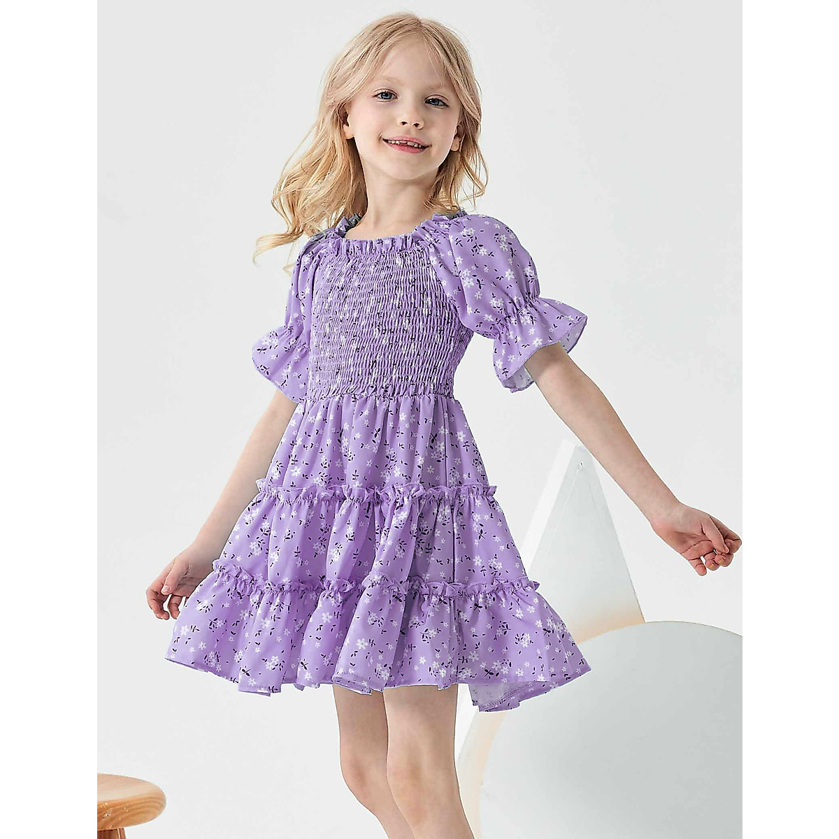 Purple Toddler Girl Dress Square Neck Puff Sleeve A-Line Toddler Floral Dresses Summer Dresses for Toddler Girls 5T 6T Dress