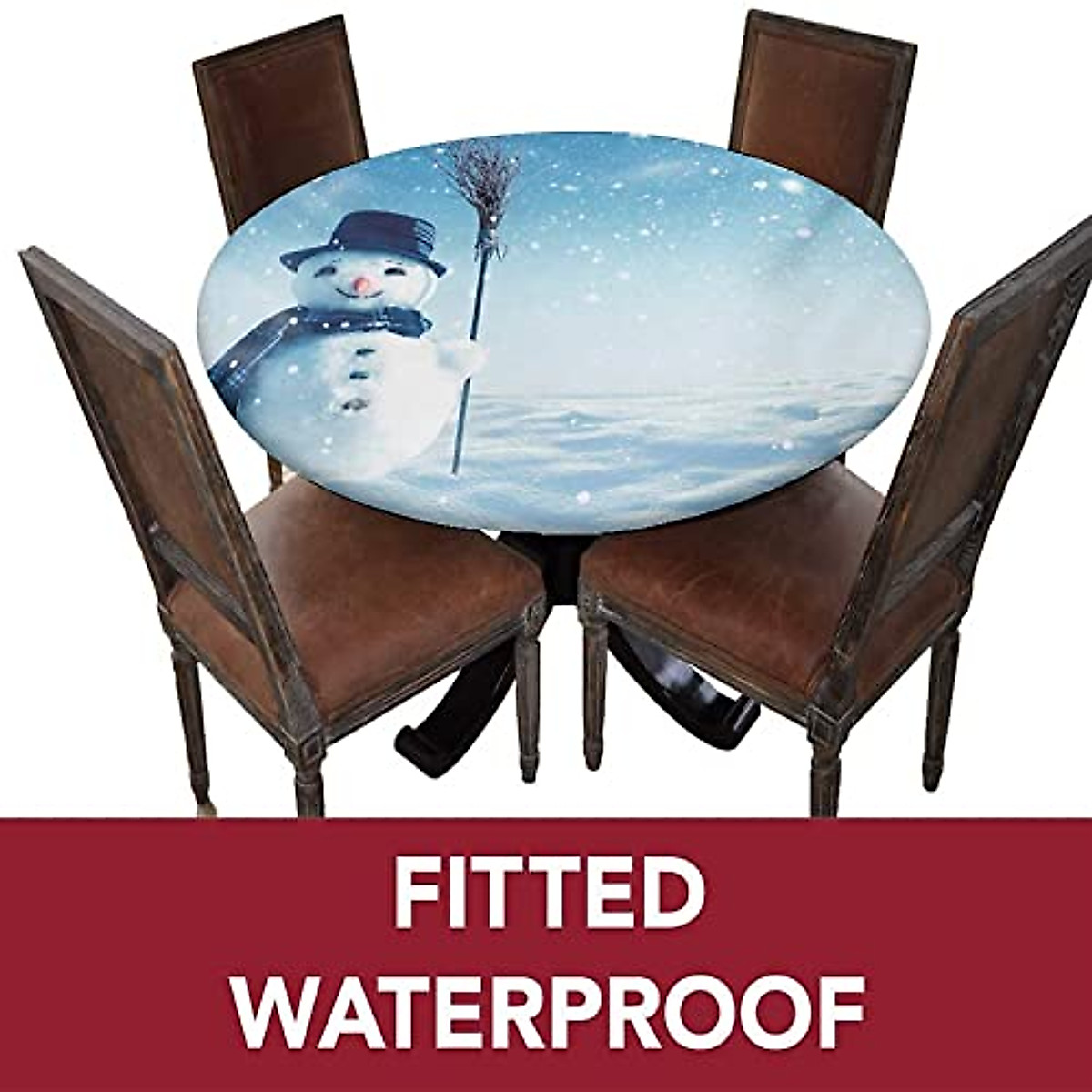 Snowman Round Fitted Tablecloth with Elastic Edge,Snow Covered Wintry Landscape Cute Print Polyester Table Cover, XXLarge, Fit Round Tables up 65"-71" Diameter, for Party Dining Banquet