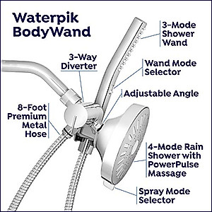 Waterpik High Pressure Handheld Wand and Rain Shower Head Combo with 8-Foot Long Metal Hose, BodyWand Spa System with 7 Spray Modes for Hair and Body, Chrome