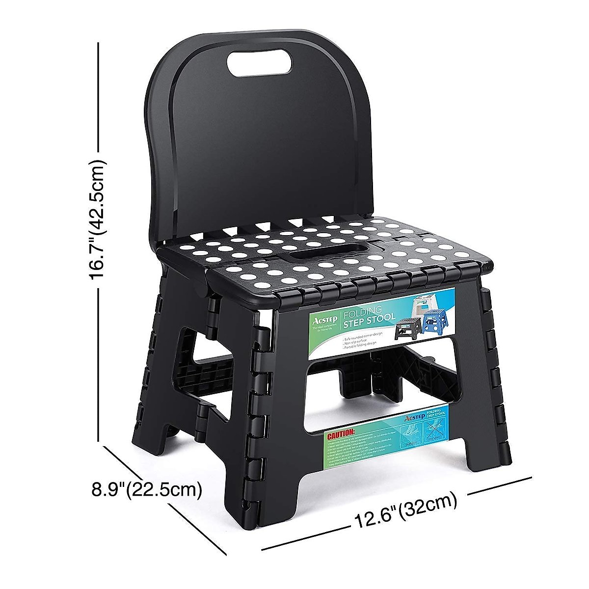 ACSTEP Folding Step Stool, Include Extra Wide Heavy Duty Stepping Stool and Back Support Foldable Step Stool Black