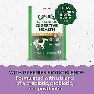 Greenies Supplements Digestive Health Probiotics for Dogs Chicken Flavor, 40 Count Soft Chews Dog Probiotics, 7.8 oz. Pouch