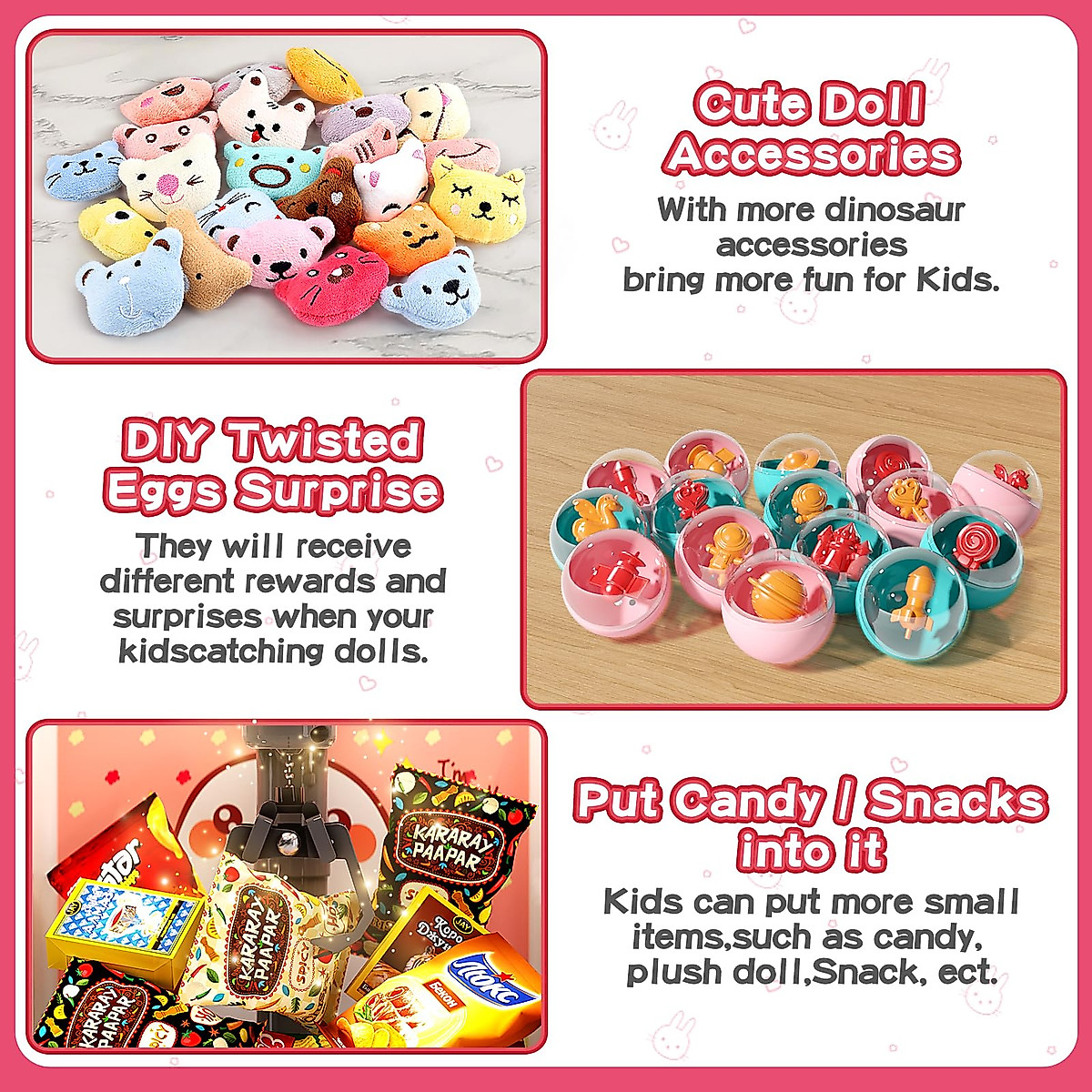 Aiqi Kids Claw Machine, Mini Candy Vending Grabber, Prize Dispenser Toys for Girls and Boys, Electronic Claw Game Machine for Party Birthdays with Lights Sound, Includes 20 Plush and 10 Mini Toys