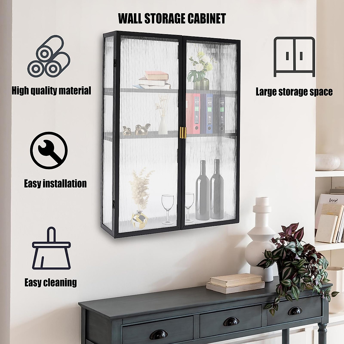 Titunjian Wall Cabinet Haze Double PC Door Wall Cupboard with Detachable Shelves Storage Cabinet for Office Dining Room Living Room Kitchen Bathroom, 19.7 * 5.5 * 27.5 Inch (Black)