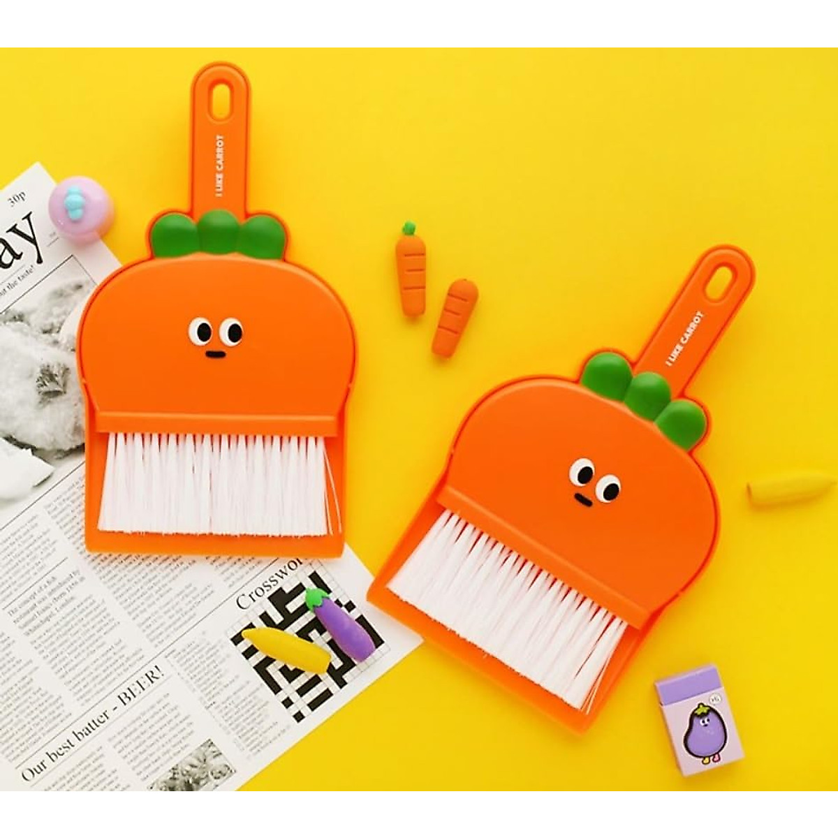Generic Cute Carrot Mini Broom and Dustpan Set for Desk, Small Dustpan and Brush Set, Orange