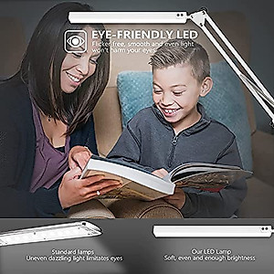 LED Desk Lamp, BZBRLZ Metal Swing Arm Lamp, Eye-Caring Architect Task Lamp, Dimmable Office Table Lamp with 3 Color Modes, 10 Brightness Levels & Adapter, Memory Function(White)