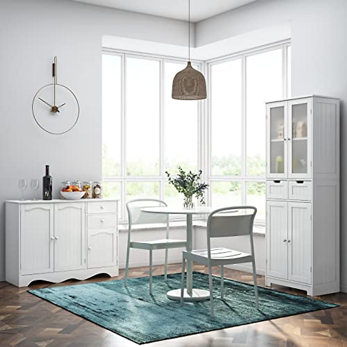 HORSTORS Tall Storage Cabinet, Freestanding Kitchen Pantry Cabinet with Glass Doors and Shelves, Large Modern Cupboard with 2 Drawers for Home Office, White, 23.6" L x 11.8" D x 66.9" H