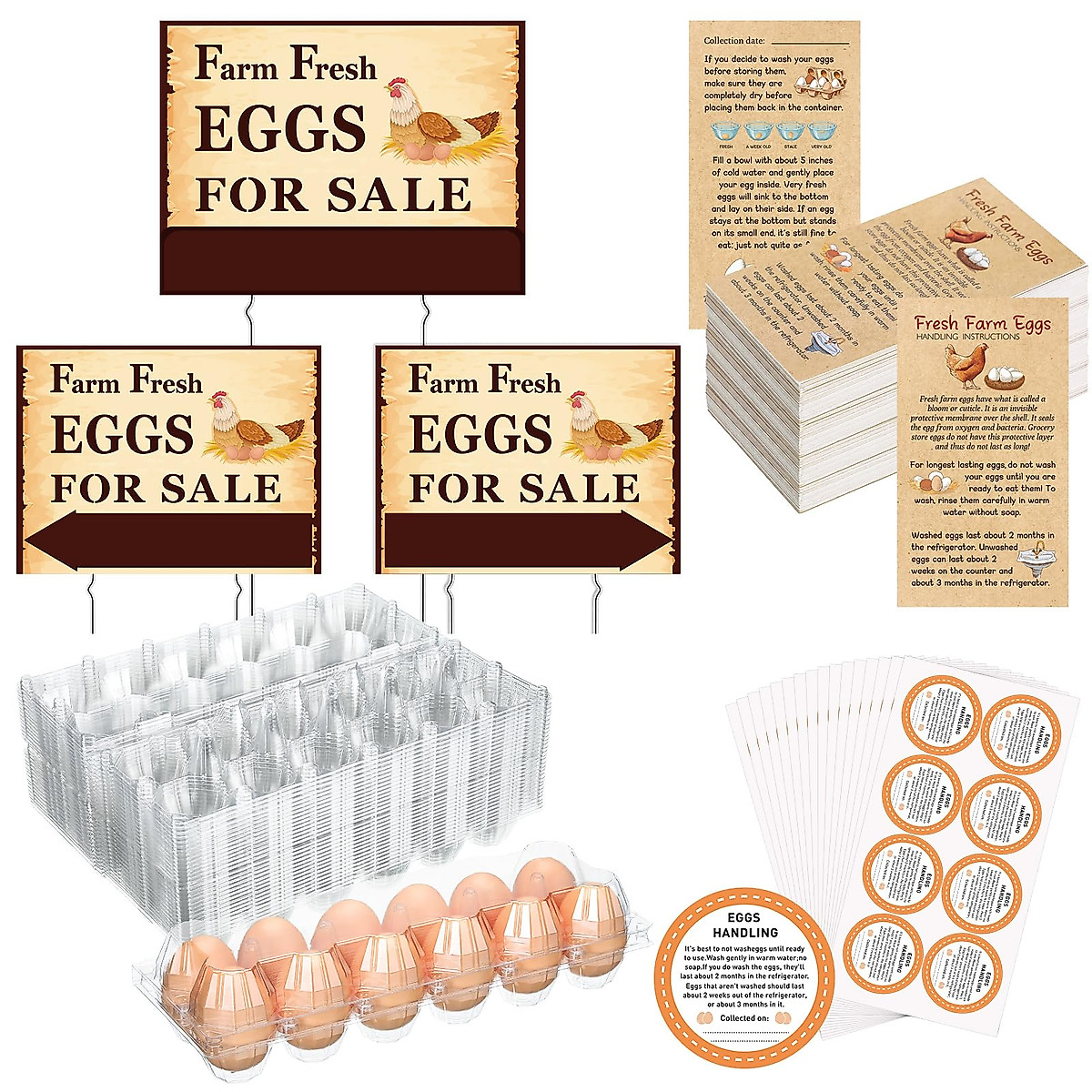 Sintuff 3 Pcs Farm Fresh Eggs for Sale Sign with Stakes 30 Pcs Plastic Egg Cartons for 12 Eggs 30 Fresh Farm Eggs Handling Instructions 30 Farm Fresh Eggs Labels Egg Handling Stickers