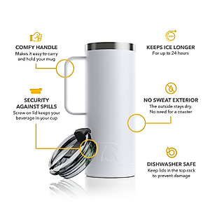 RTIC 20 oz Coffee Travel Mug with Lid and Handle, Stainless Steel Vacuum-Insulated Mugs, Leak, Spill Proof, Hot Beverage and Cold, Portable Thermal Tumbler Cup for Car, Camping, White