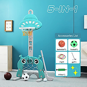Basketball Hoop for Kids 4 in 1 Kids Sports Center Toddler Basketball Hoop Indoor and Outdoor Basketball Hoop Football/Soccer Goal Golf Game Ring Toss Play Set Best Gift for Toddlers and Kids(Green)