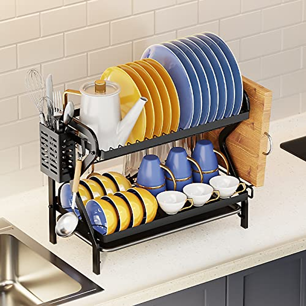 LIMORUNS Dishracks On Counter with Drainboard 2 Tier Set of Dish Drying Rack with Drainboard Utensils & Cutting Board Holder, Rustproof Large Black Dish Holders for Kitchen Counter