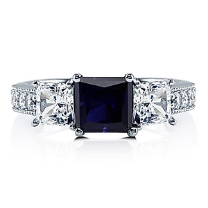 BERRICLE Sterling Silver 3-Stone Wedding Engagement Rings Simulated Blue Sapphire Princess Cut Cubic Zirconia CZ Anniversary Promise Ring for Women, Rhodium Plated Size 7