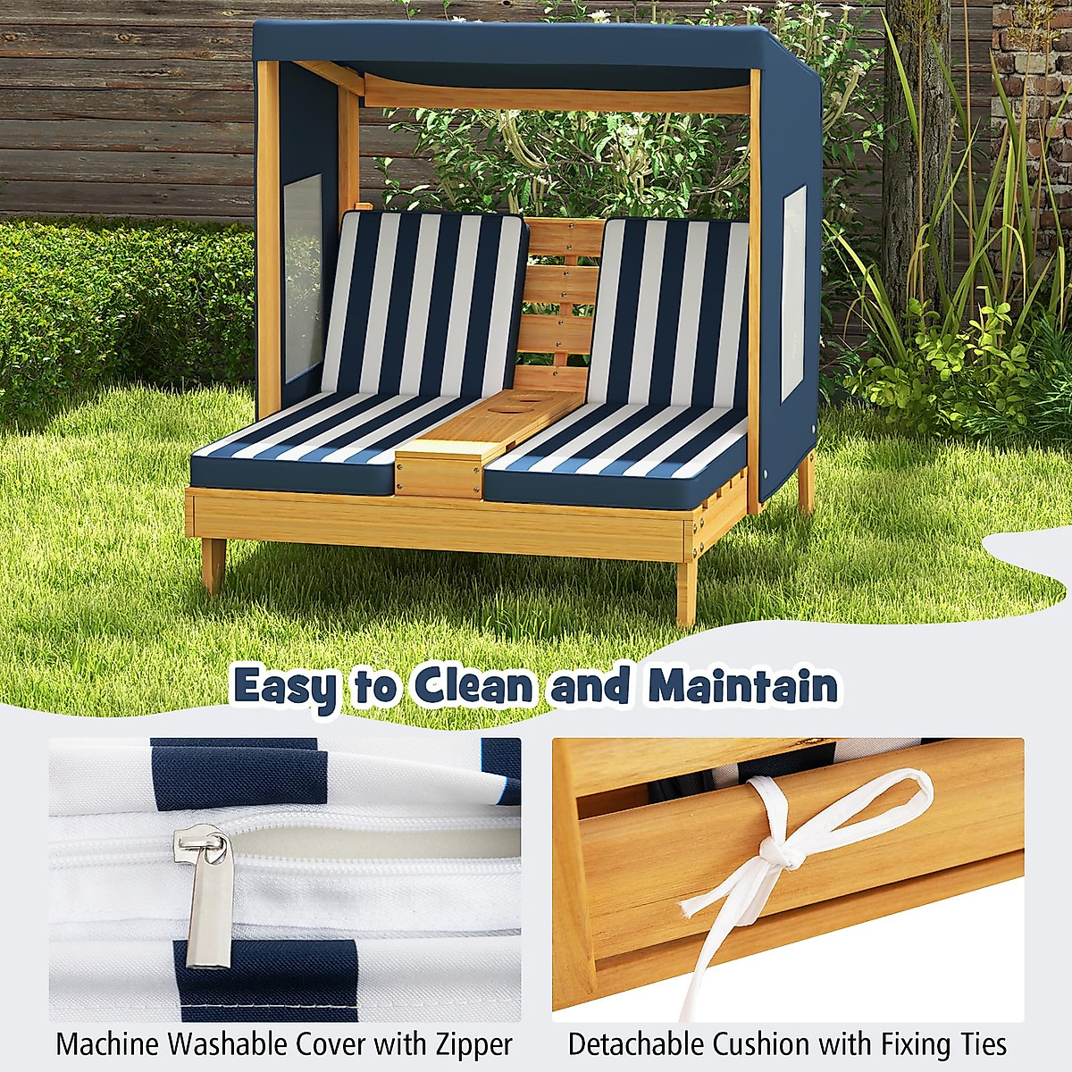 HONEY JOY Kids Chaise Lounge Chair Outdoor, Toddler Wood Double Pool Lounger Chairs w/Canopy, Cup Holders, Removable Stripped Fabric Cushions, 2-Person Kids Patio Furniture for Backyard (Navy Blue)
