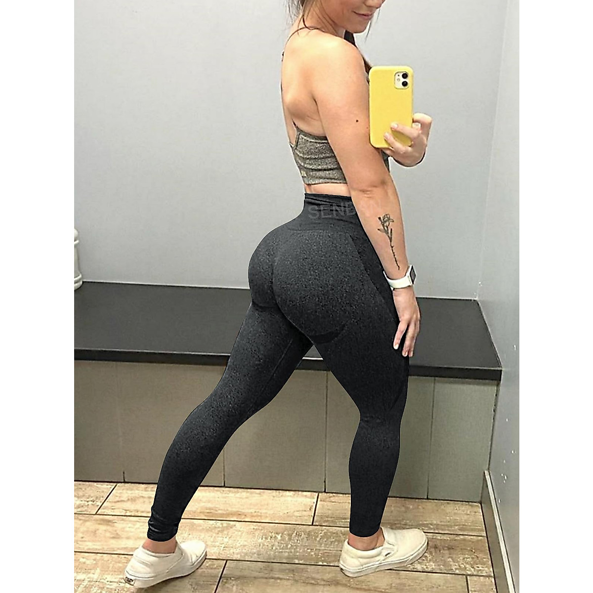 SENBAN Seamless Leggings for Women High Waist Tummy Control Butt Lift Yoga Pants Workout Gym Smile Contour Tights Black L