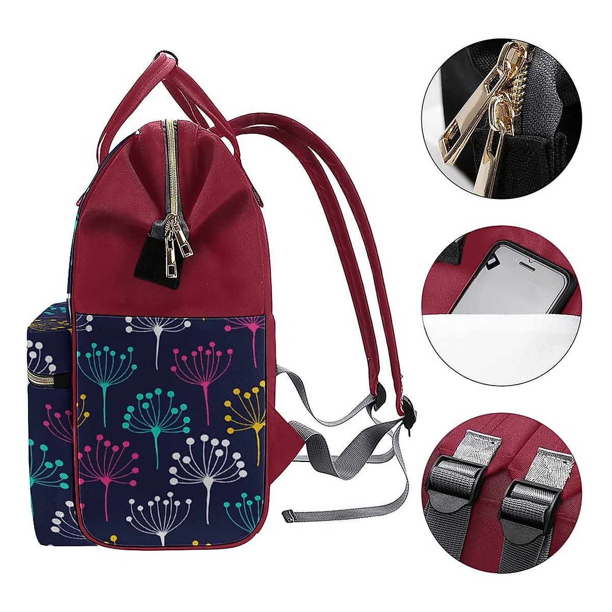 Flying Flower Diaper Bag Backpack Large Capacity Mommy Bags Multifunction Nappy Bag Travel Back Pack Red-Style