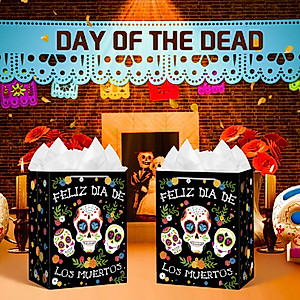 JUESMOS Day of The Dead Gift Bags with Tissue Paper Halloween Treat Bags Sugar Skull Day of The Dead Party Paper Bags Goodie Bags for Day of The Dead Party Favors Decorations Mexican Fiesta Supplies