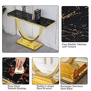 47 Inch Marble Console Table w/Gold U-Shaped Stainless Steel Base Mid-Century Modern Entryway Table for Living Room Hallway Luxury Foyer Table Sofa Table witn High Glossy Finish (Black&Gold)