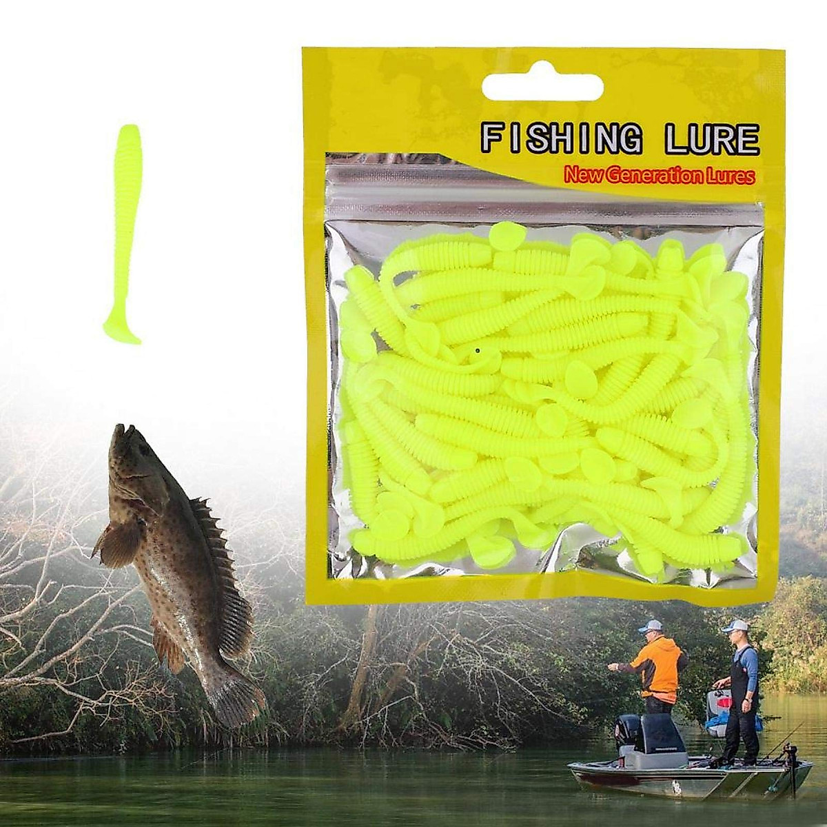 Fishing Soft Lures, 50PCS 5cm Soft Plastic Fishing Lures T Tail Grub Baits Soft Bionic Fishing Lure Fish Tackle Accessory Suitable for Fishing Lovers Outdoor(Yellow)