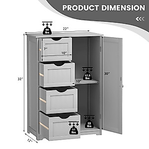 COSTWAY Bathroom Storage Cabinet, Wooden Freestanding Storage Cupboard Organizer with 4 Drawers & Adjustable Shelf, Modern Floor Cabinet for Living Room, Bathroom, Kitchen, Entryway (Grey)