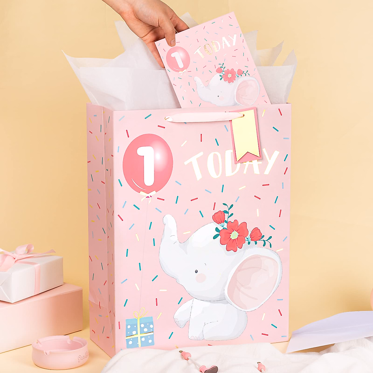 WRAPAHOLIC 16.5" Extra Large 1st Birthday Gift Bag with Card and Tissue Paper - Adorable Elephant Design for Baby Girl, Baby Shower, Party