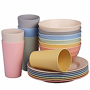 Cainfy Wheat Straw Dinnerware Set for 6, Upgraded Unbreakable Cereal Fruit Soup Rice Bowls Plates Mugs Sets for Outdoor Camping Dishwasher Microwave Safe