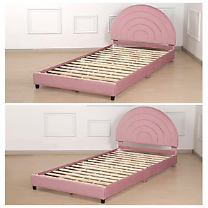 AFBKSS&BB Kids Twin Bed Frame, Teenager Bed, Rainbow Children's Bed with Adjustable Height Bed Head, Children's Home Sleeping Bed, Toddler Upholstered Twin Bed (Pink)