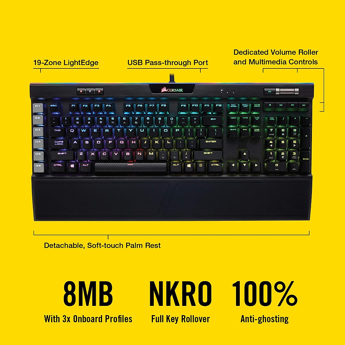Corsair K95 RGB Platinum Mechanical Gaming Keyboard - 6x Programmable Macro Keys - USB Passthrough & Media Controls - Tactile & Quiet - Cherry MX Brown – RGB LED Backlit