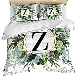 Queen Duvet Cover Set - Eucalyptus Leaves 4 Pcs Comforter Cover Bedding Sets with Zipper Closure, Z Monogram Letter Watercolor Teal Botanical Microfiber Bed Sheet Soft Quilt Cover with 2 Pillow Shams