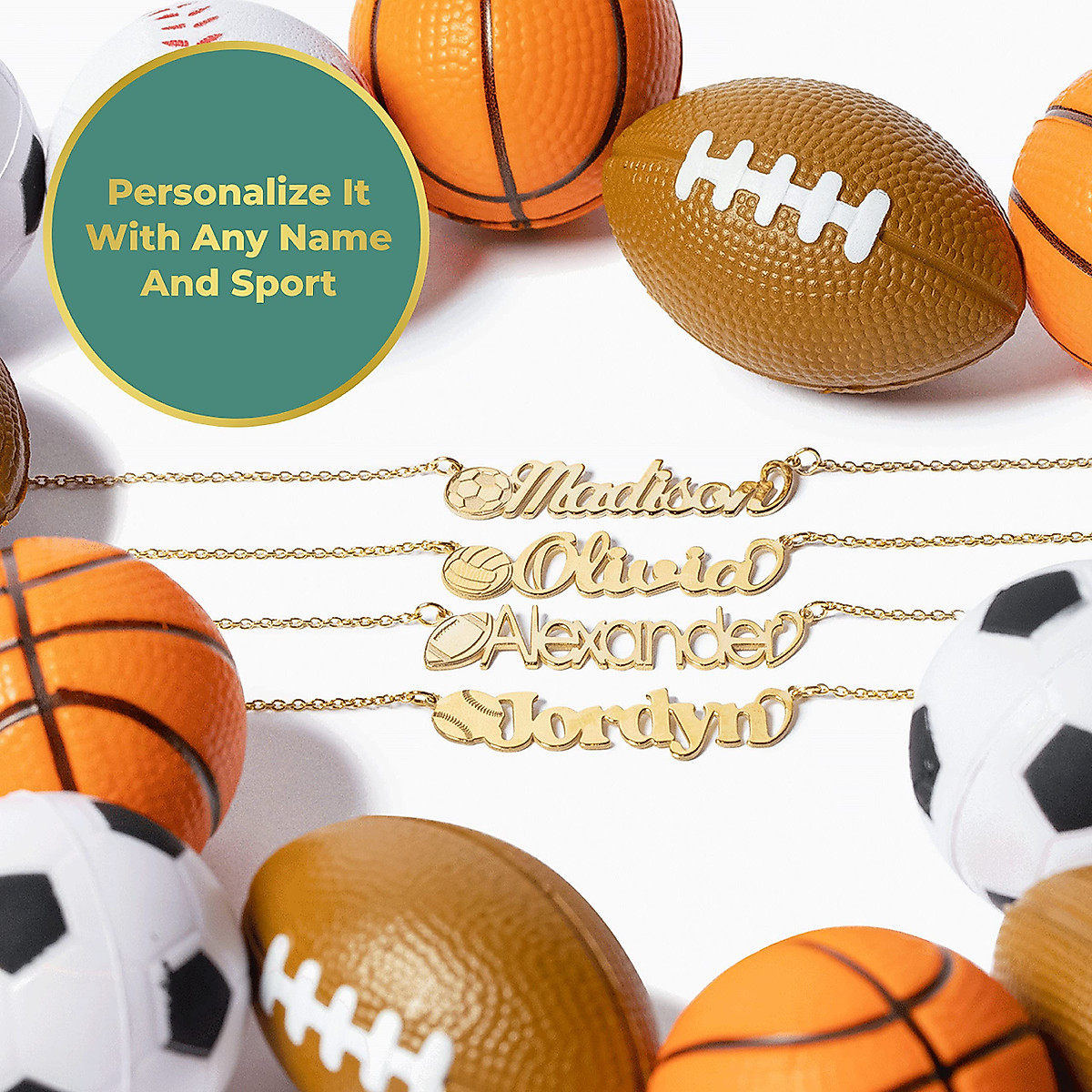 Brilliant Bijou Personalized Name Necklace 14k Gold Plated Silver | Basketball, Football, Volleyball, Baseball Customized Athlete Sports Pendant Chains for Men and Women