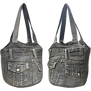 BDJ Upcycling Blue Denim Jean Round Shape Top-Handle Bucket Handbag for women (Round 5)