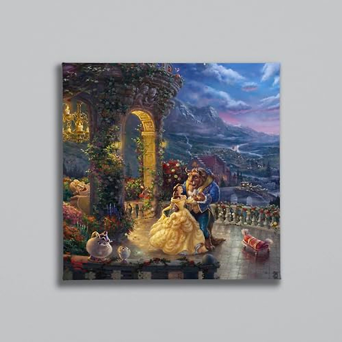 Thomas Kinkade Disney Beauty and the Beast Dancing in the Moonlight Gallery Wrapped Canvas Art | Frameless Wall Art Decor | Certificate of Authenticity Included, 14" x 14"