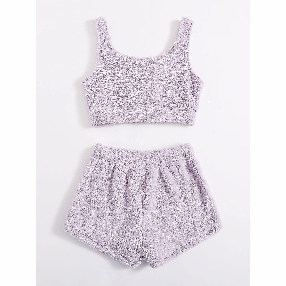 SweatyRocks Women's Fuzzy Pajamas Set Crop Tank Top with Shorts Loungewear Lilac Purple M