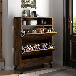 Gyfimoie Shoe Storage Cabinets, 16 Pairs Free Standing Shoe Organizer with 2 Flip Drawers for Entryway, Narrow 3 Tier Entryway Hidden Shoe Rack with Doors (Rustic)