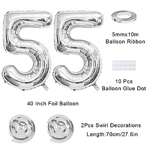 Maigendoo Jumbo 55 Number Balloon 40 Inch Large Digit Balloons Huge Helium Balloon Foil Mylar Balloon with Swirl Decorations for 55th Birthday Party Graduation Celebration Anniversary Event, Silver