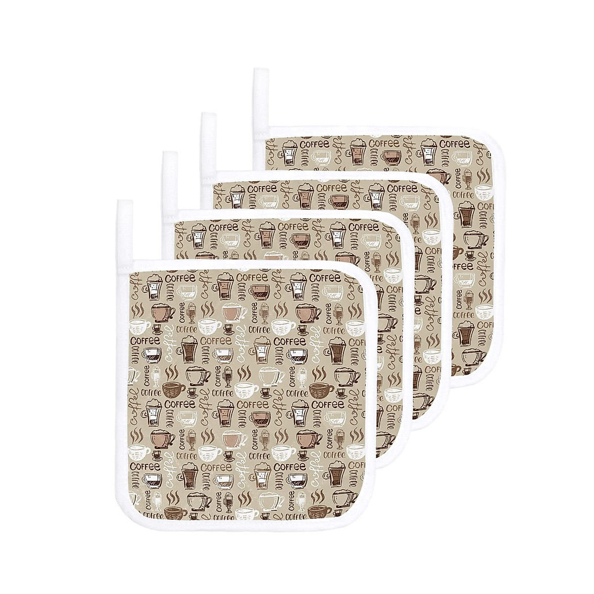 Coffee Theme Pot Holders for Kitchen Heat Insulation, Vintage Khaki Coffee Time Coffee Beans Potholders Hot Pads with Hanging Loop, Washable Oven Mitts Pot Holder Trivet for Cooking Baking 4 Pack