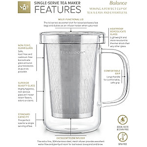 Teabloom Premium Borosilicate Glass Mug with Stainless Steel Loose Leaf Tea Infuser and Lid/Dish - 12 Ounces (350 mL)