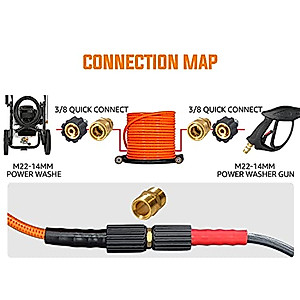 YAMATIC Pressure Washer Hose 50 ft Anti-Kink Flexible, Extension Power Washer Hose 3200 PSI X 1/4", M22 to 3/8" Quick Connect Couplers for Replacement (PU Wear-Resistant Jacket)