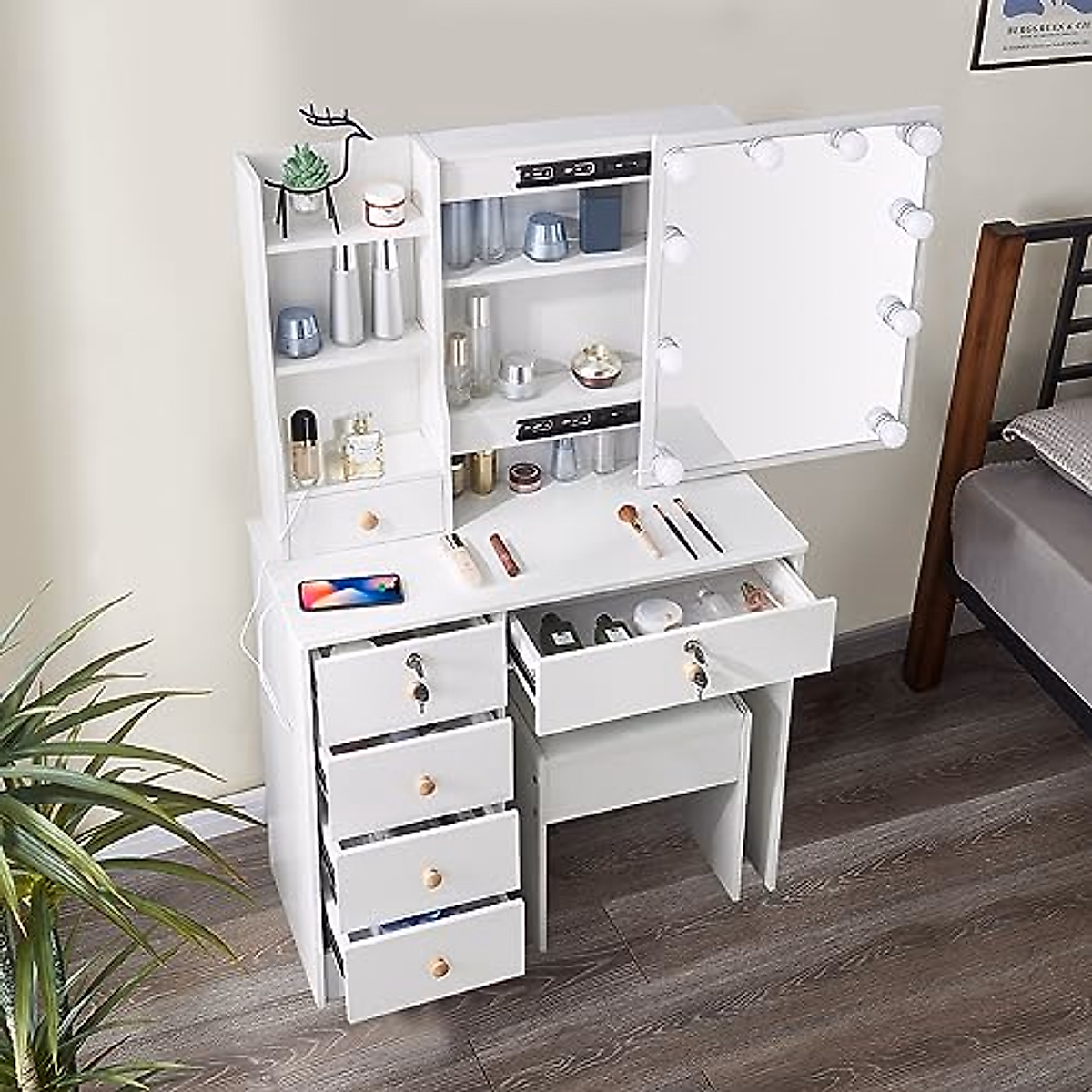 JBLCC Makeup Vanity with Lights Mirror, Makeup Table Set Vanity Mirror with Sliding Mirror, Vanity Desk with Storage Shelves, Drawers, Modern Vanity Table for Bedroom (62605)