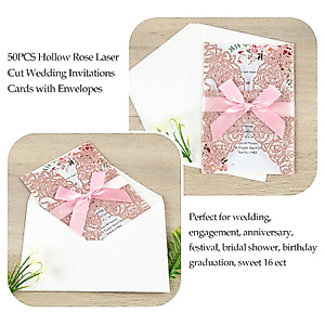AdasBridal 50Pcs Pink Glitter Wedding Invitation Kit Laser Cut Hollow-out Personalized Wedding Invitations with Envelopes and RSVP Cards for Quinceanera Birthday Baby Shower Anniversary