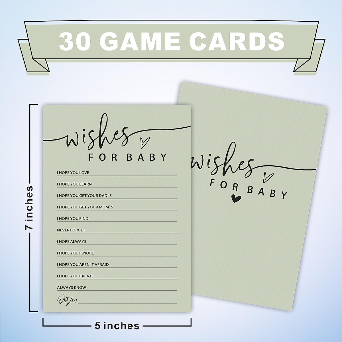 Wishes For Baby - Baby Shower Game Set - Minimalism Moss Green - 30 Double-Sided Fill In Style Game Cards, Gender Reveal, Baby Announcement, Party Favor & Supplies - A09