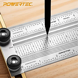 POWERTEC 80024 6 Inch Precision Marking T Rule, Stainless Steel Woodworking T Square Ruler for Marking, Measuring, Scribing Tool