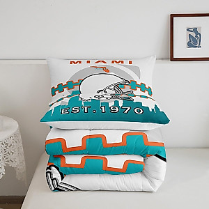 Erosebridal Sports Comforter Set Queen,Boys Football Bedding Set for Kids Boys Girls,Blue Orange Rugby Quilt Inner Fill,American Football City Down Comforter with 2 Pillowcases(Miami)